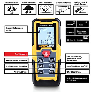 MOTORHEAD 196Ft/60M Laser Measure, Laser Distance Measure w/Digital Level & Angle Sensor, M/in/Ft, 50 Data Set Storage, 3 Measurement Points, Backlit LCD, Pythagorean, Area & Volume Functions
