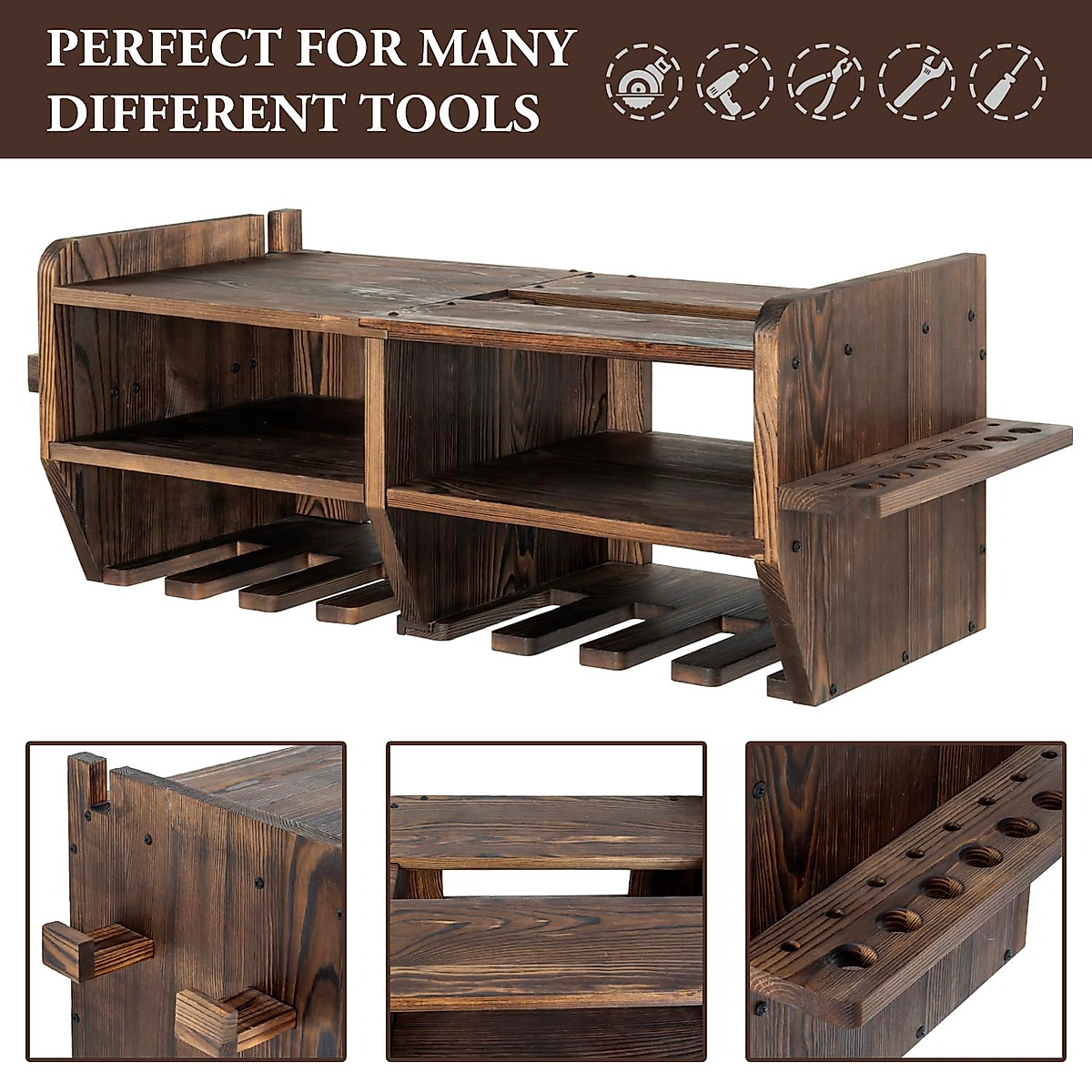 MyGift Wall Mounted Power Tool Organizer Station, Rustic Burnt Solid Wood Toolbox Storage Shelf, 8 Drill Hanging Rack, 15 Hand Tools Slots, and Circular Saw Holder