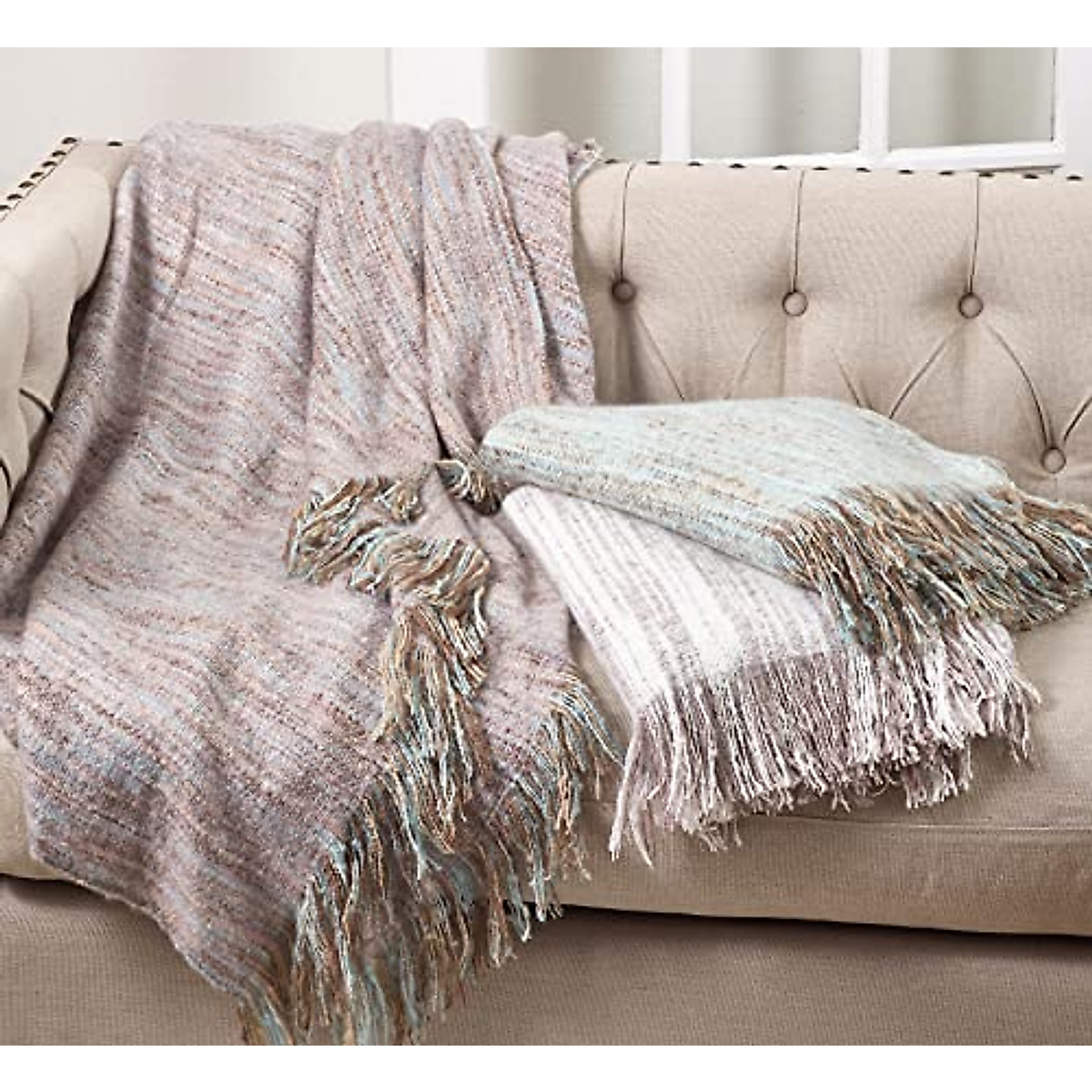 SARO LIFESTYLE Fringe Hem Faux Mohair Lightweight Throw Blanket, Aqua, 50"x60"