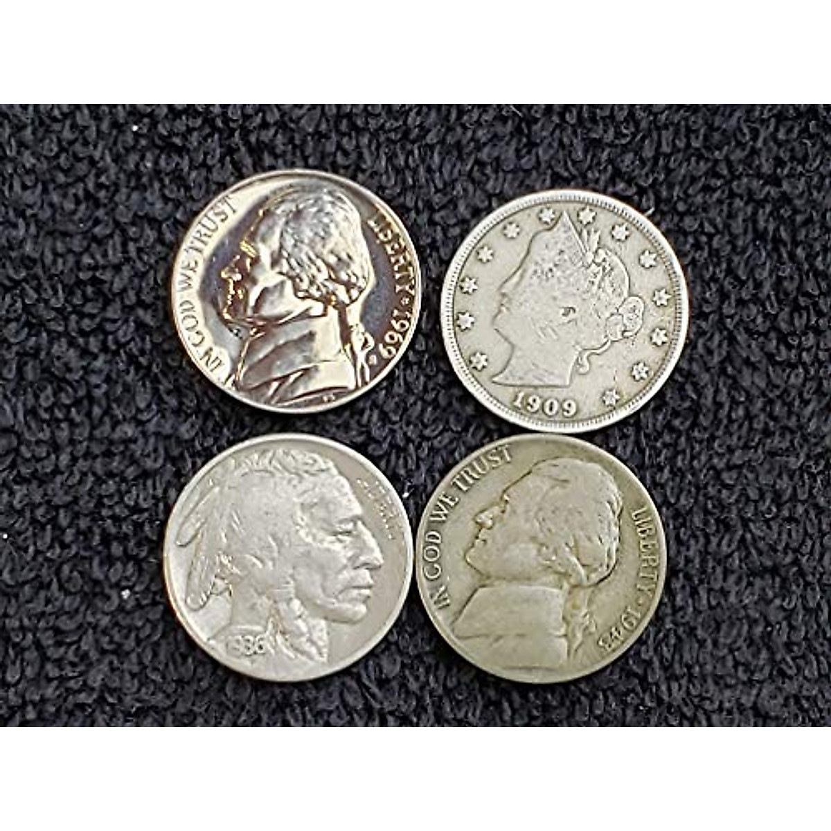 Lot of 4 Different Type Nickels - Liberty (1883-1912), Buffalo (1913-1938), Silver War Nickel (1942-45) and Proof Jefferson (1956-1999) 5c All grade Good and Better