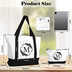 AUNOOL Personalized Tote Bag for Women Initial Embroidery Makeup Bag, Canvas Beach Tote with 2 Pockets, Bridal Party Gifts Reusable Grocery Bags for Wedding Holiday Shopping Picnic Travel Letter E