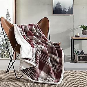 Eddie Bauer - Throw Blanket, Cotton Flannel Home Decor, All Season Reversible Sherpa Bedding (Twin Lakes Red, Throw)