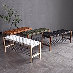 Janoray Solid Wood Bench, Modern 45" Long Dining Bench with Faux Leather Woven Strips & Metal Shelf Comfy Seat for Entryway/Dning Room/Bedroom, Black