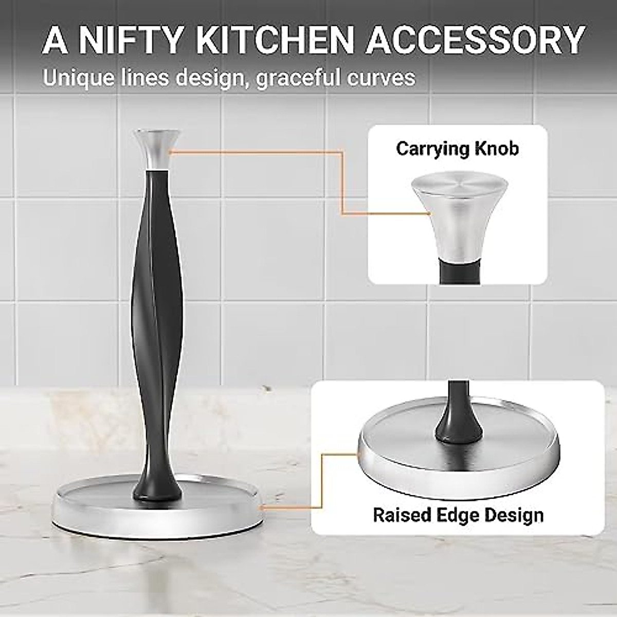 Swaitee Paper Towel Holder, One Hand Tear Countertop Paper Towel Holder for Standard & Jumbo Rolls, Stainless Steel Paper Towel Holder with Anti-Slip Weighted Base for Kitchen and Bathroom(Silver+ABS)