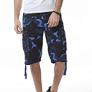 Men Relaxed Fit Camo Cargo Shorts Camouflage Multi Pockets Outdoor Short Pants Lightweight Loose Military Short (Blue,31)