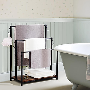 LOAKEKEL 3 Tier Towel Rack with 4 Hooks, Freestanding Blanket Ladder, Towel Holder with Metal Frame, Blanket Rack for Bedroom, Blanket Holder for Bathroom, Brown HTR032BR