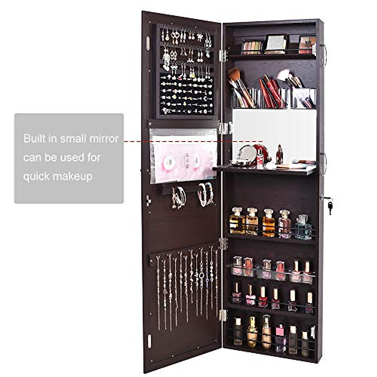 GISSAR Jewelry Mirror Armoire Wall Mount Over The Door, Mirror Jewelry Cabinet Storage Organizer Locking (Brown)