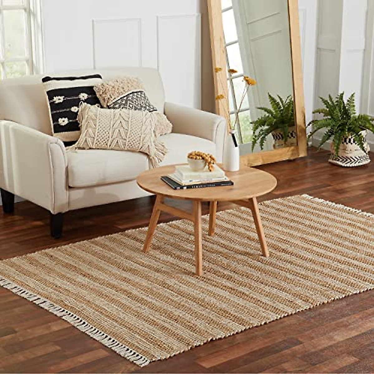 Pebble & Crane - Nottingham Rug - Woven Throw Rug - Jute and Cotton - Area Rug for Kitchen, Living Room, Bedroom, and More - Fringe Trim - 6’ x 9’ - Natural and Beige