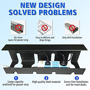 Under Desk Cable Management Tray, No Drill, Steel Desk Cable Management Tray with Wire Organizer and Cord Organizer, Large Rack, Under Desk Black Cable Raceway Tray for Cords /Power Strip, 15.7 in