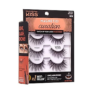 KISS Magnetic Curation False Eyelashes, 3 Pair with 5 Double Strength Magnets, Wind Resistant, Dermatologist Tested, Last Up To 16 Hours, Reusable Up To 15 Times in 3 Styles, Black, 3 Count