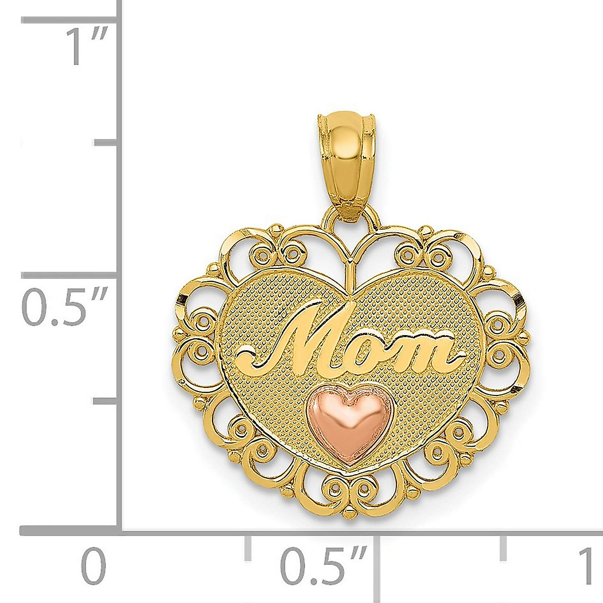 14k Two-Tone Mom Word Small Rose Gold Heart On Large Yellow Gold Filigree Border Heart Pendant 20 mm x 17 mm