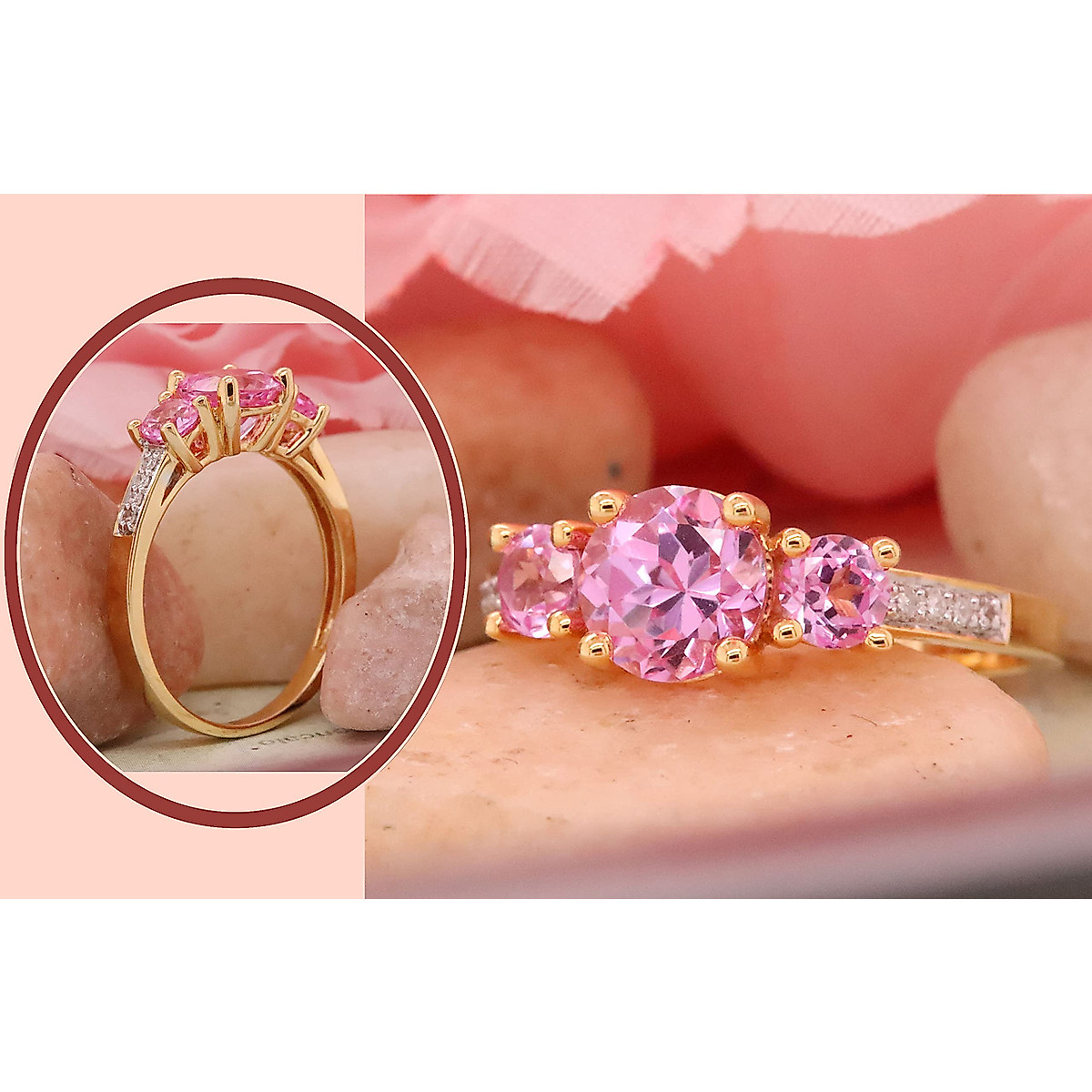 Dazzlingrock Collection 7 MM Centre & 4 MM Side Round Lab Created Pink Sapphire with Natural White Diamond Women Three Stone Engagement Ring | 10K Yellow Gold, Size 7