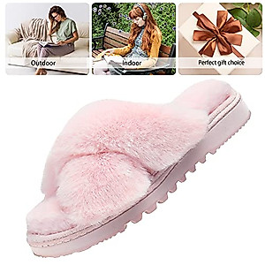 Halendik Womens Cross Band Fuzzy Slippers Fluffy Open Toe House Shoes Cozy Plush Bedroom Slipper Comfy Fashion Wedding Cross Size 9 10