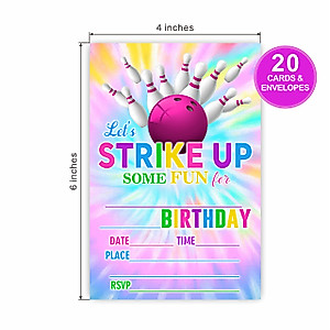 Tie Dye Bowling Birthday Invitations, Let's Strike Up Some Fun Birthday Party Invites For Kids Adults Birthday Party And Events Supplies, 20 Fill-In Invites Cards With Matching Envelopes（YQK-B11）