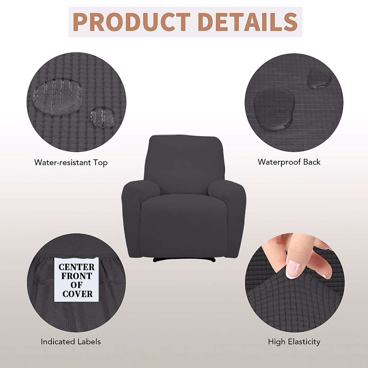 Easy-Going 100% Waterproof Recliner Cover, Dual Waterproof Couch Cover for Recliner, 1- Piece Jacquard Sofa Cover, Leakproof Sofa Slipcover for Kids, Pets, Dog and Cat (Recliner, Dark Gray) 1 Seat