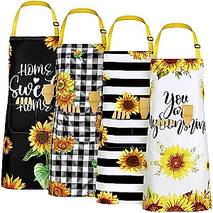 Geetery 4 Pcs Waterproof Sunflower Aprons for Women Kitchen Cooking Cute Flower Striped Adjustable Long Ties Bib Apron with Pockets for Men Chef Adult Gardening BBQ Home Baking Gifts