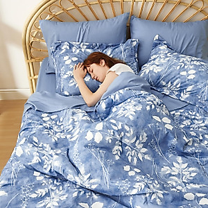 Bedsure Twin Comforter Set - 5 Pieces Floral Blue Soft Bedding Sets, Twin Bed in a Bag with Botanical Flowers Comforter, Sheets, Pillowcase & Sham