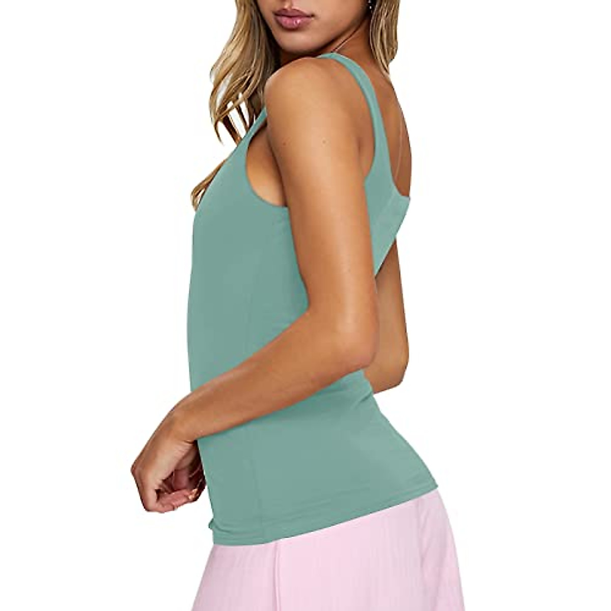 PINKMSTYLE Sleeveless Square Neck Tank Tops for Women Cute Double Layer Seamless Workout Tops Summer Shirts Light Green XX-Large
