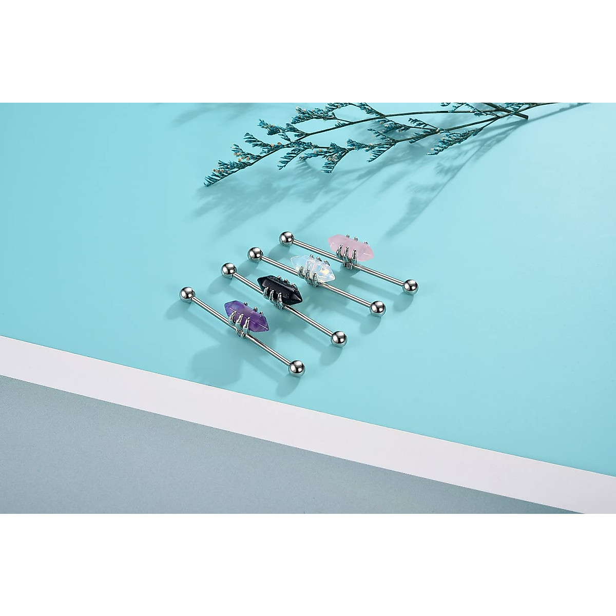 BOPREINA 4pcs 14G Industrial Piercing Bars Stainless Steel 38mm Barbell Cartilage Earring Natural Stone Barbell Body Piercing Jewellery