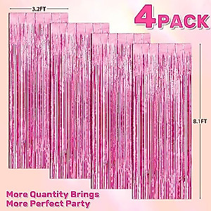 4-Pack Backdrop for Party Decorations, Foil Fringe Backdrop Curtains, Tinsel Streamers for Birthday Party Decorations, Pink Backdrop Curtains for Girl Graduation Unicorn Mermaid Disco Princess Parties