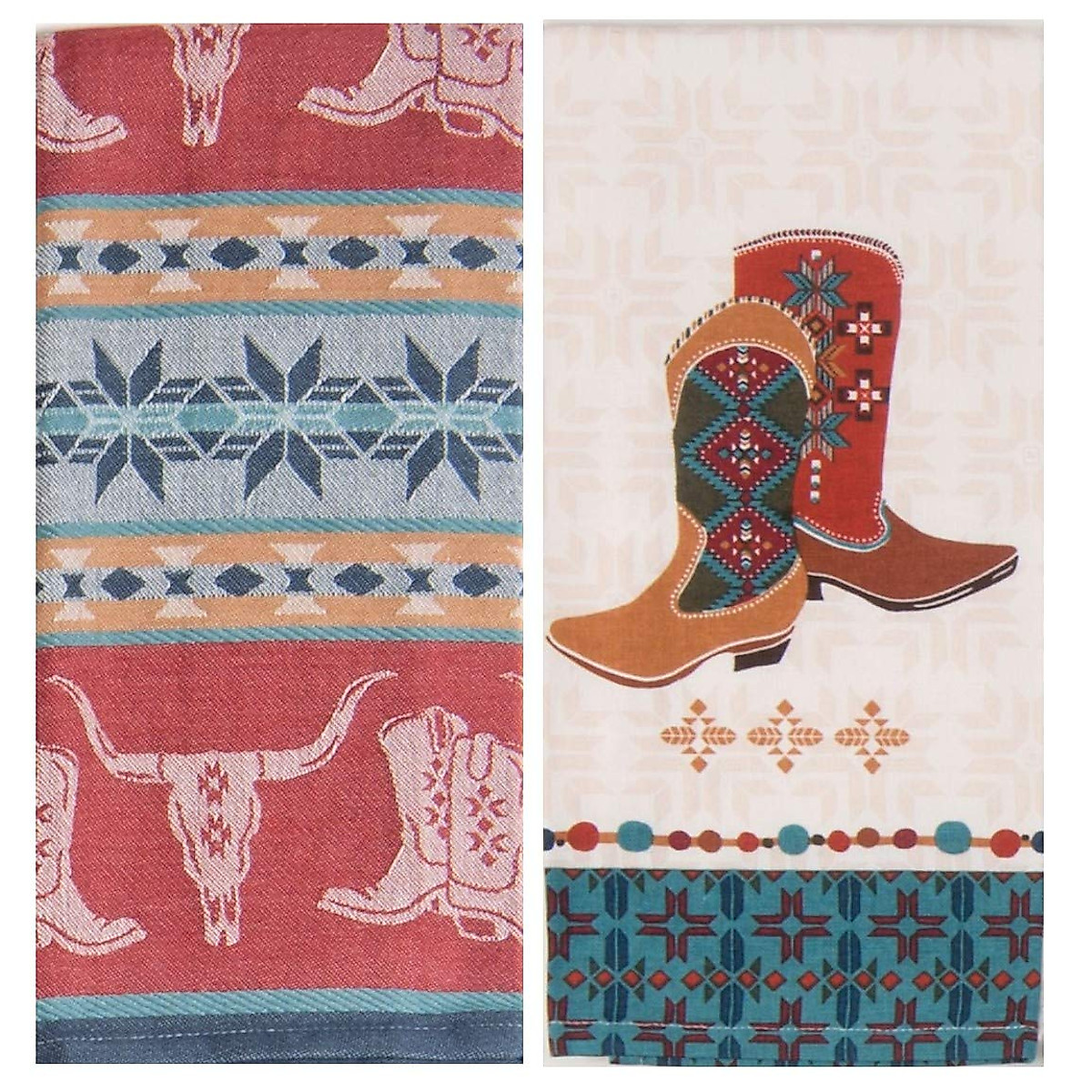 Kay Dee Southwest at Heart Jacquard Tea Towel & Boots Tea Towel, Set of 2 Southwestern Native Print Western Cowboy Kitchen Towels Dishtowel Set
