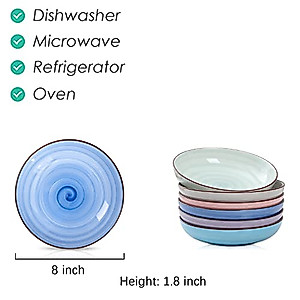 Selamica Porcelain 26 Ounce Salad Pasta Bowls, 8 inch Wide and Shallow Serving bowls, Microwave & Dishwasher Safe, Sturdy & Stackable, Set of 6, Gradient Color