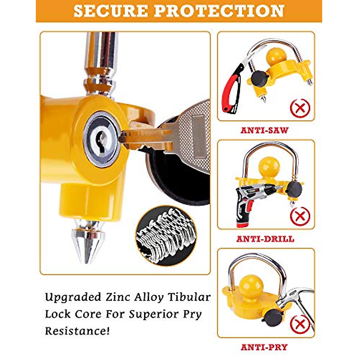 Turnart Trailer Lock, Hitch Lock, Trailer Hitch Lock, Trailer Coupler Lock, Trailer Tongue Lock, Adjustable, Heavy-Duty Steel, Universal Size Fits 1-7/8", 2", and 2-5/16" Couplers (Yellow-A)