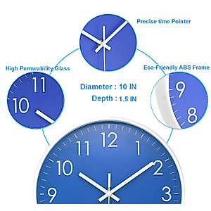 Epy Huts Wall Clock Battery Operated Indoor Non-Ticking Silent Quartz Quiet Sweep Movement Wall Clock for Office, Bathroom, Living Room Decorative 10 Inch Dark Blue