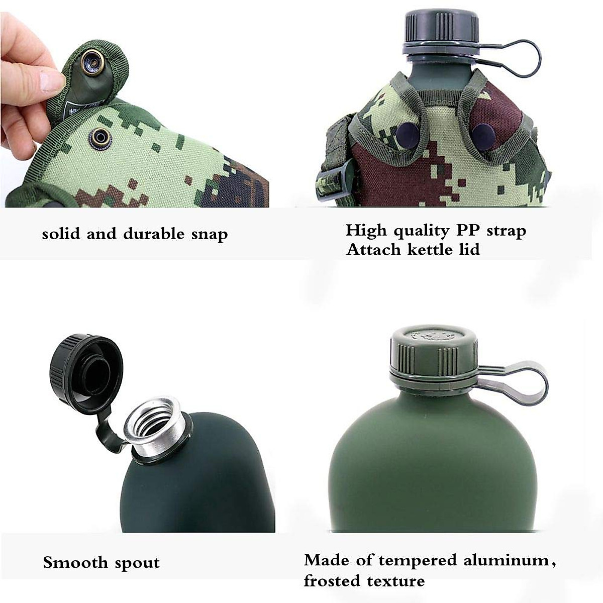 Jadedragon Military Canteen Water Bottle, Aluminium Water Canteen Reinforced Nylon Cover Belt Holster, Portable Water Bottles with Shoulder Strap (Woodland Camouflage 1.2 L)