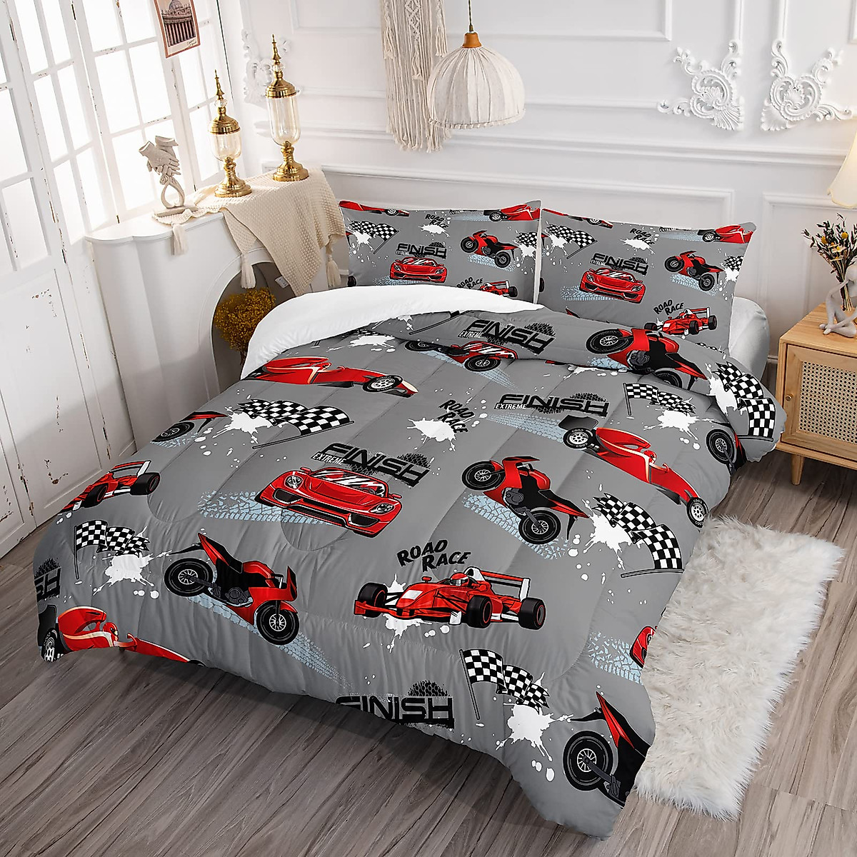 Axolotl Kid Comforter Set Twin Size,Racing Car Bedding Set for Boys Girls Teen Kids Children Car Racing Gifts,Race Cars Quilt Bed Set with 1 Comforter 2 Pillowcases,Red Grey