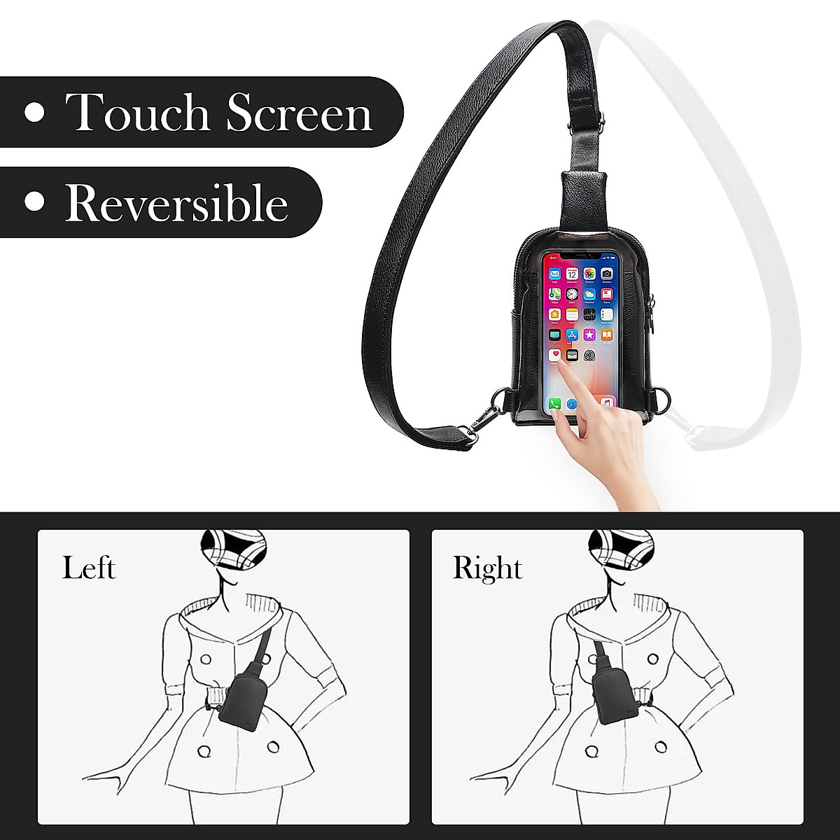 INICAT Small Crossbody Sling Bag Touchscreen Fanny Packs Purses for Women(Touch Screen-black)