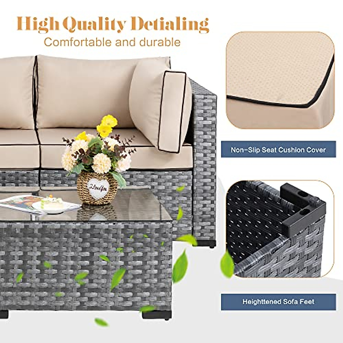 JAMFLY 5 Pieces Patio Furniture Sets, Wicker Outdoor Sectional Furniture with Glass Table and Cushions, Rattan Patio Conversation Sets for Garden, Poolside, Backyard(Khaki)