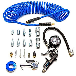 YOTOO Heavy Duty Air Compressor Accessories Kit 20 Pieces with 1/4 inch x 25 feet Polyurethane Air Compressor Hose, 100 PSI Tire Inflator Gauge, Air Blow Gun and Air Hose Fittings
