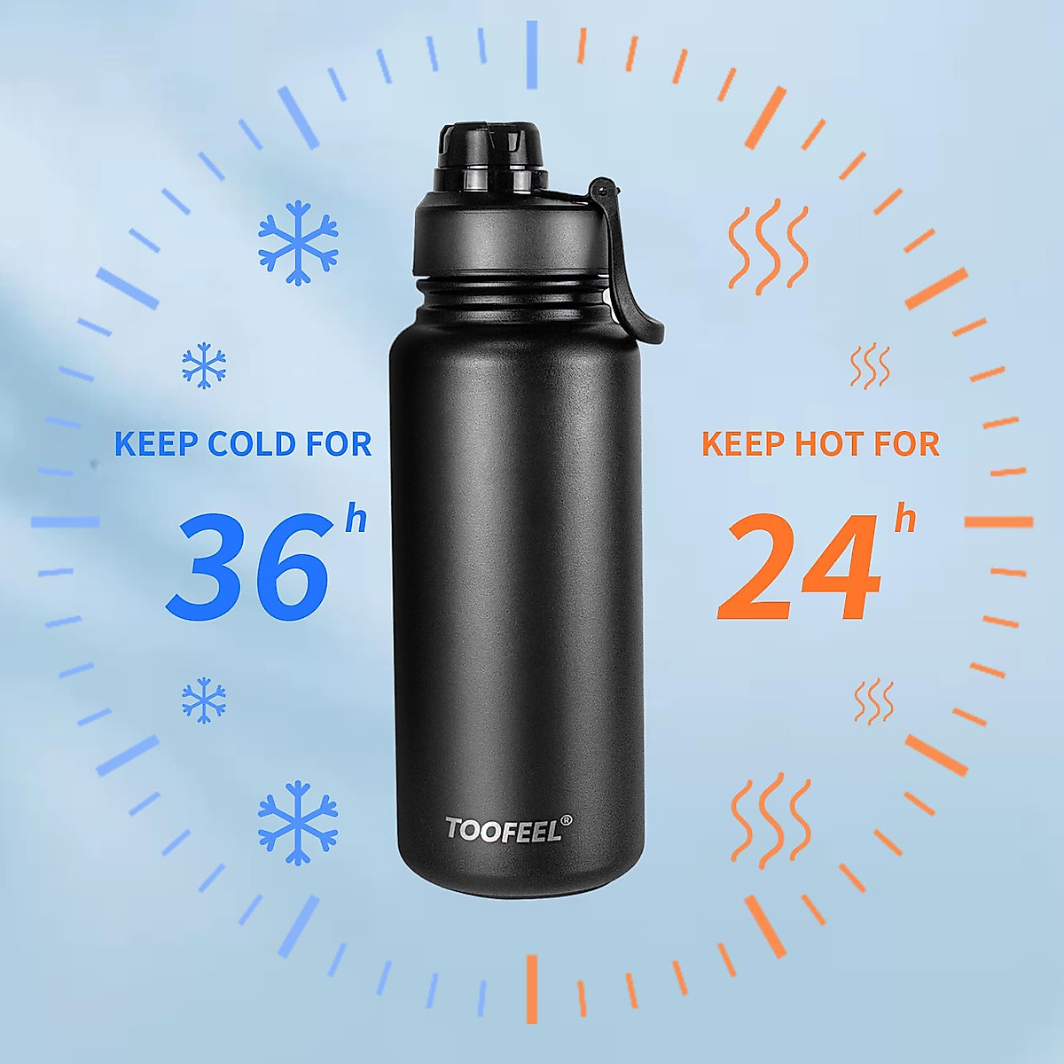 Toofeel 32 oz Insulated Water Bottle - Double Walled Stainless Steel Metal Water Bottle for Cold Hot Drink, Leak Proof, Chug Lid, Wide Mouth Thermal Cups for Men, Women & Kids Midnight Black