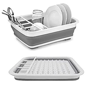 Dish Drainer Collapsible Dish Rack Drainer Foldable & Portable Dish & Cutlery Organizer Space Saving Kitchen Accessory for Inside Camper & Travel Trailers, White Gray