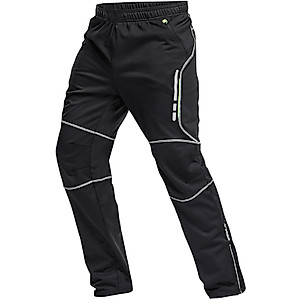 TSLA Men's Thermal Windproof Cycling Pants, Fleece Lined Outdoor Bike Pants, Winter Cold Weather Running Pants, Cycling Windproof Pants Black & Lime, Large