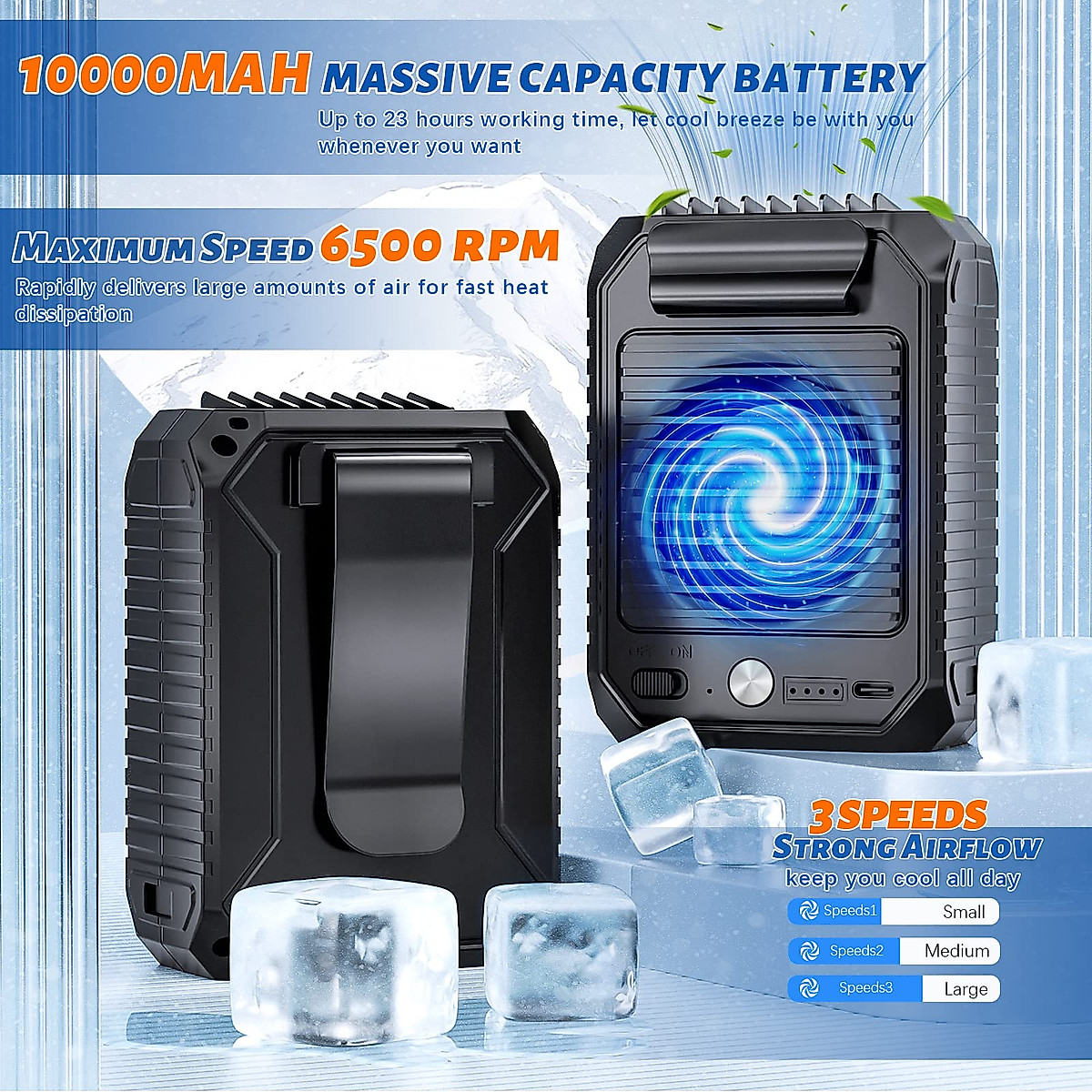 Goldenbbjoy Portable Waist Clip Fan Neck Fan, 10000mAh Battery Powered Belt Fan, Body Fan with 3-Speed, Strong Airflow for Jobsite Farm Fishing Gardening, Black…