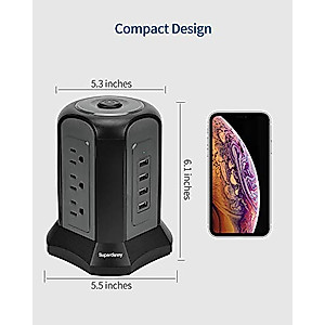 Power Strip Tower Surge Protector, SUPERDANNY Desktop Charging Station, 10 Ft Extension Cord, 9 Outlets, 4 USB Ports, 1080 Joules, 3-Prong, Grounded, Multiple Protections for Home, Office, Black