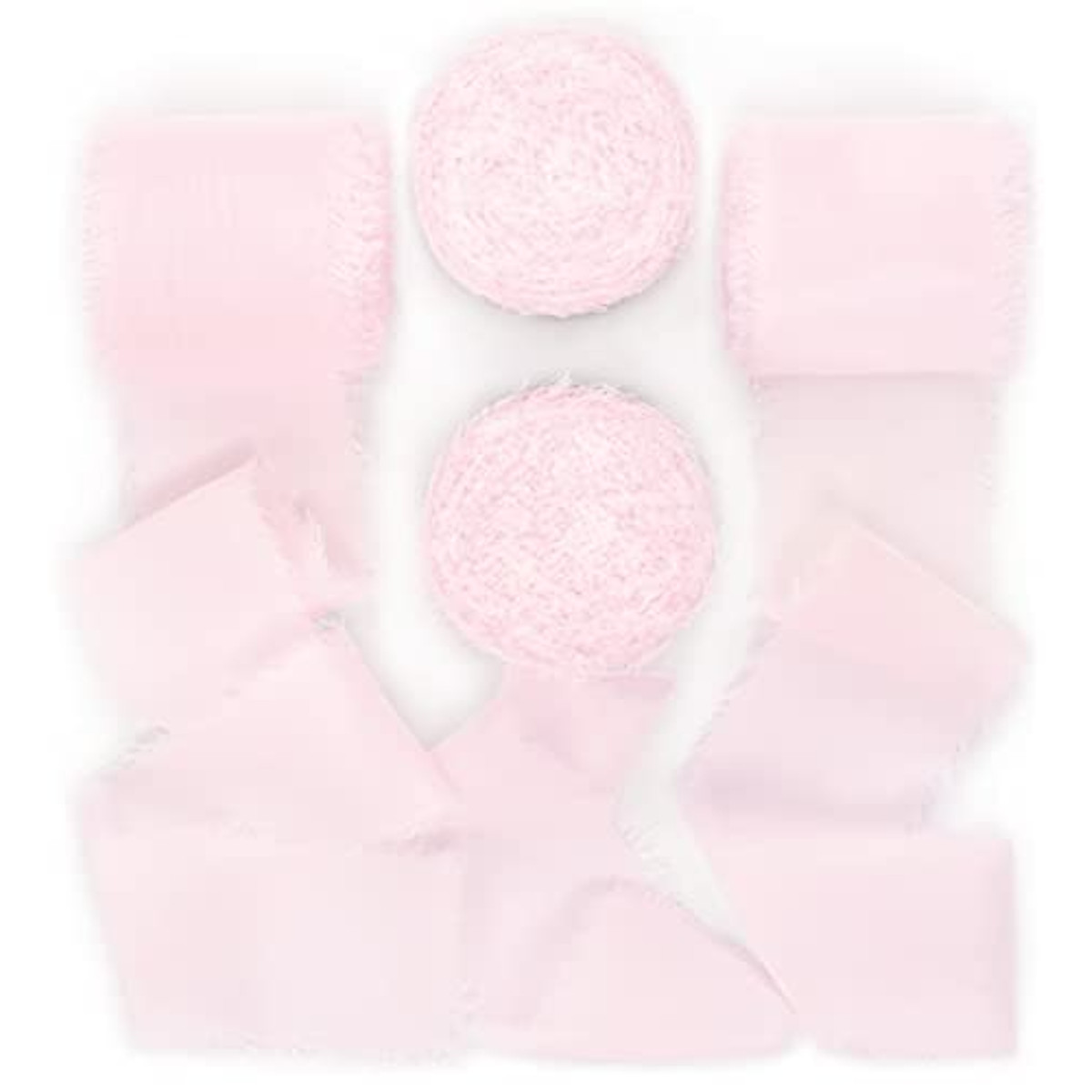 Socomi Blushing Pink Handmade Fringe Chiffon Silk Ribbon 1-3/4" x 7Yd 4 Rolls Frayed Ribbons for Wedding Invitations Bridal Bouquets Gift Wrapping