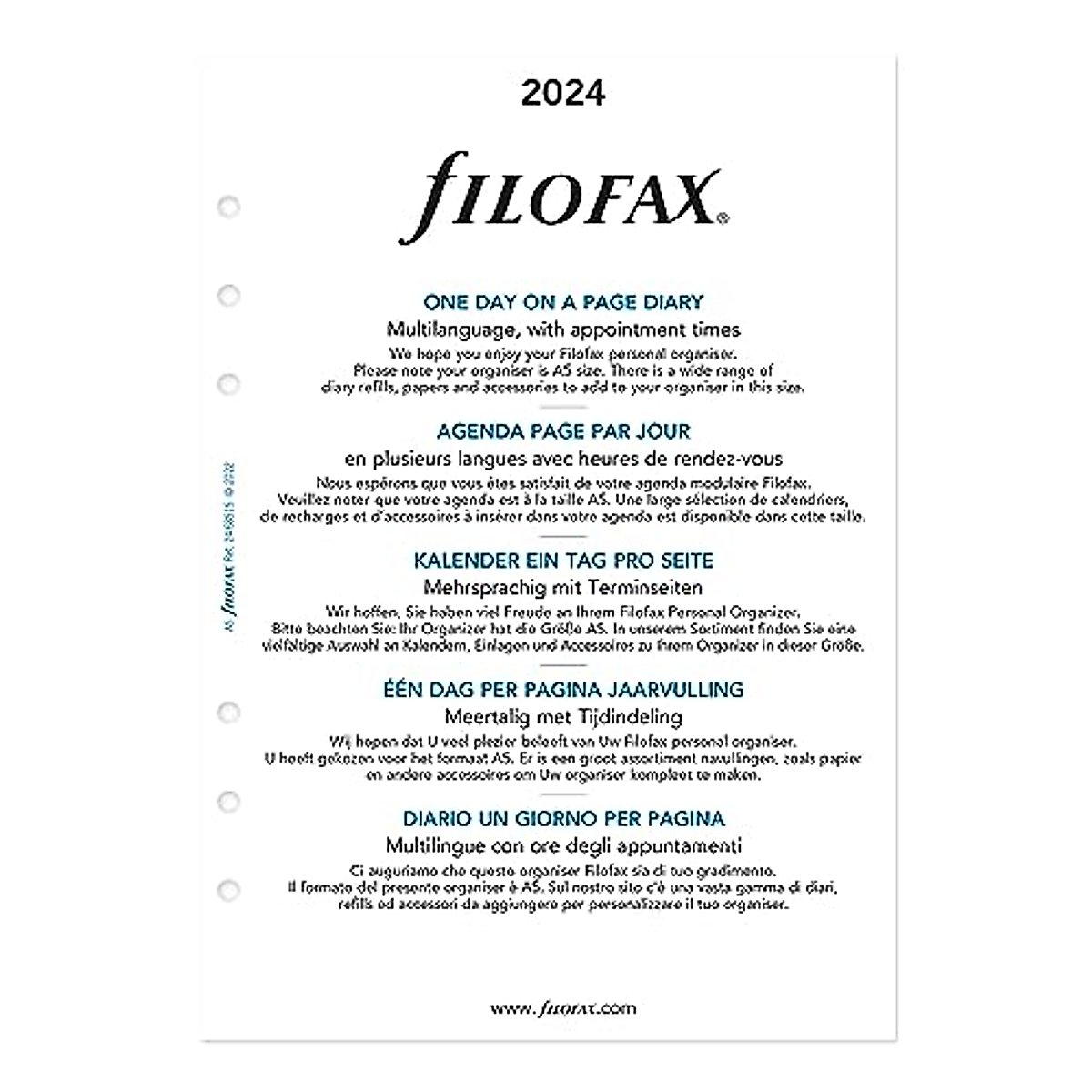 Filofax Calendar Diary Refill, A5 Size, Day on One Page with Appointments, White Paper, Multilingual: Five Languages, 2024 (C68515-24)