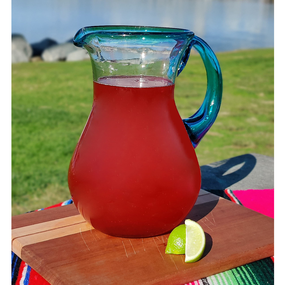 Mexican Hand Blown Glass Pitcher – Aqua Rim and Handle (84 oz)