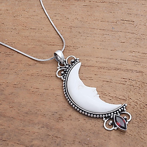 NOVICA Artisan Handmade Bone Pendant Necklace | Garnet Pendant Necklace for Women | Crescent Moon Pendant Necklace | .925 Sterling Silver Pendant Necklace | Artisan Pedant Necklace