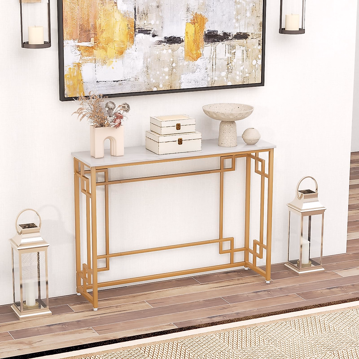 Giantex 43.5-Inch Console Tables for Entryway - Foyer Table with Adjustable Foot Pads, Golden Metal Frame, Faux Marble Top, Modern Long Sofa Table, Narrow Hallway Table for Living Room, Entry Table