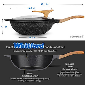 COOKLOVER Nonstick Woks And Stir Fry Pans Die-cast Aluminum Scratch Resistant 100% PFOA Free Induction Wok pan with Lid 12.6 Inch - Black