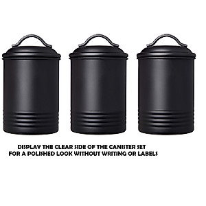 Steelware Central Kitchen Canister Set of 3 Sugar Coffee Tea with lids Food Storage, Black