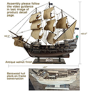 SAILINGSTORY Wooden Pirate Ship Model Black Pearl Model Ship Sailboat Decor Beige Sails 27"