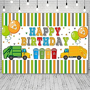 ABLIN 7x5ft Garbage Truck Boys Happy Birthday Backdrop Waste Management Colorful Stripe Green Yellow Rubbish Truck Trash Can Background Party Decorations Cake Table Banner Props, Clear