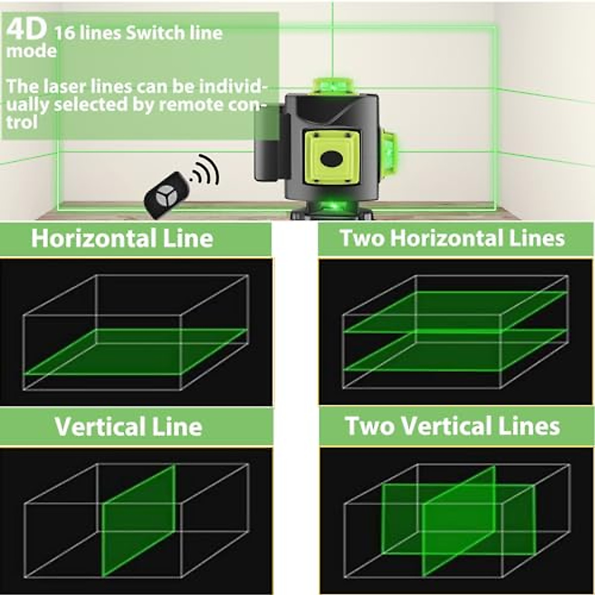 Laser Level, 16 Lines Laser Level 4x360° Self Leveling, 4D Green Cross Line Laser for Construction Tiling Picture Hanging, Green Laser Level Line Tool with 2 Rechargeable Battery and Magnetic Bracket