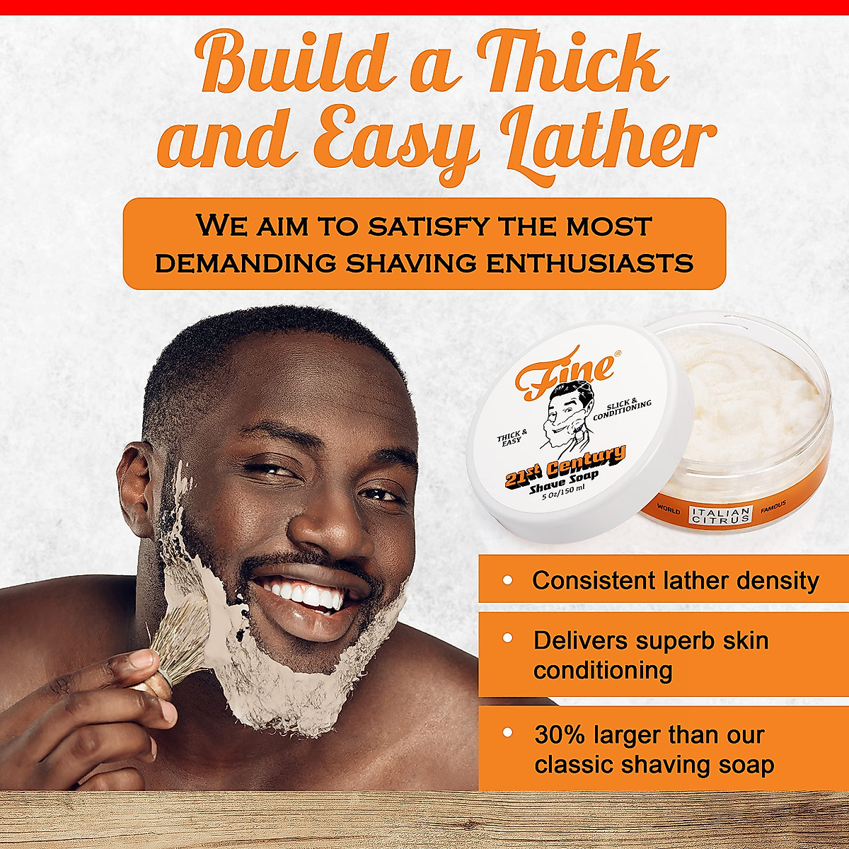 Mr. Fine 21C Men’s Shaving Soap, Builds Thick & Easy Lather, Protects From Razor Burn & Irritation, No Artificial Colors, Made In Italy, 5oz. (150ml), Italian Citrus