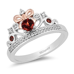 Jewelili Enchanted Disney Fine Jewelry 14K Rose Gold Over Sterling Silver 1/10 Cttw Diamond and Red Garnet Snow White Tiara Ring, Size 9